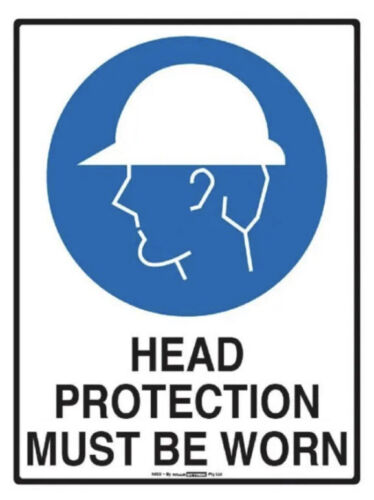 HEAD PROTECTION MUST BE WORN Display Sign Polypropylene Weatherproof N ...